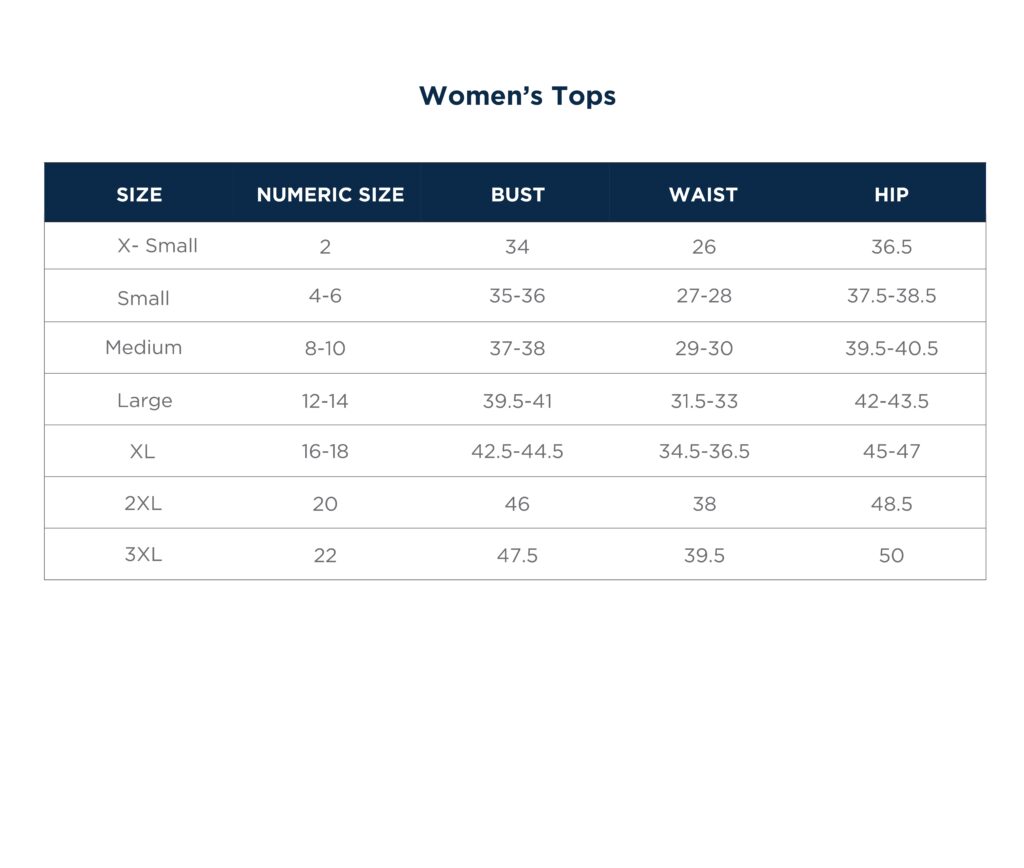 Size Charts-Women's Tops - Oneida Health